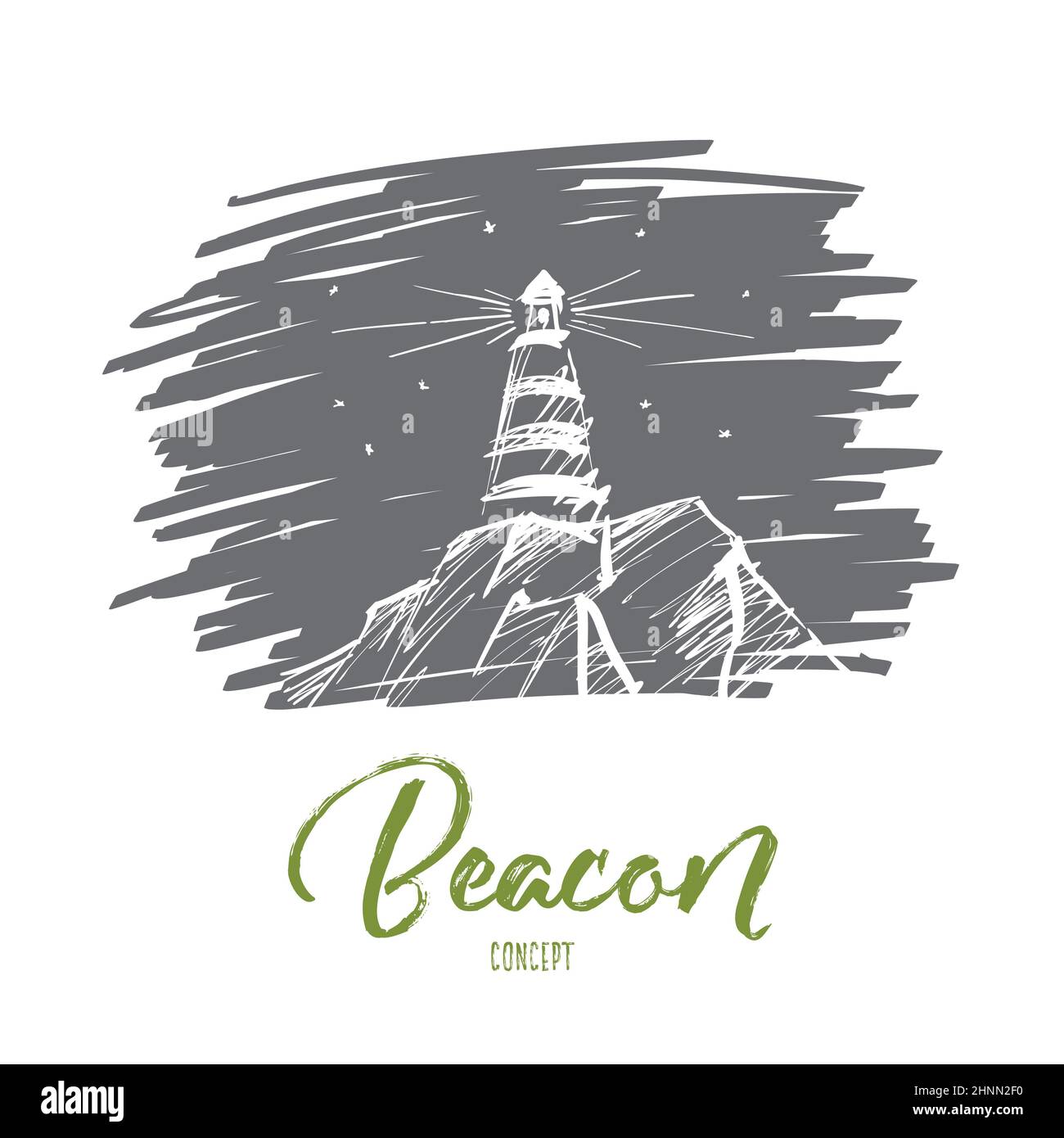 Vector hand drawn beacon concept sketch. Lighthouse on rocks shining ...