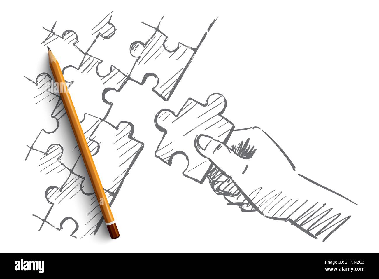 Vector hand drawn puzzle hand concept sketch with pencil over it. Human ...