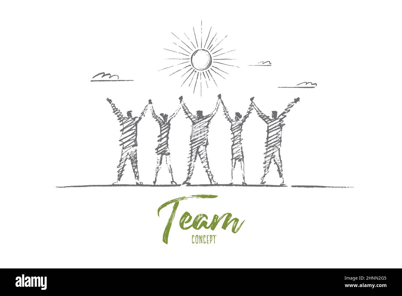 Vector hand drawn team concept sketch. Team of five people standing ...