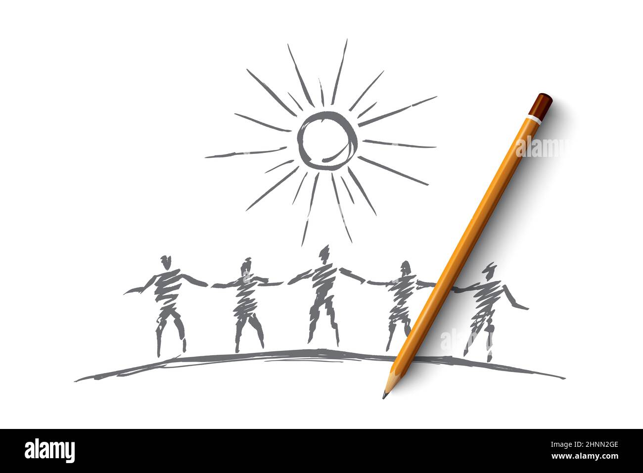 Vector hand drawn team concept sketch and pencil over it. Silhouettes ...