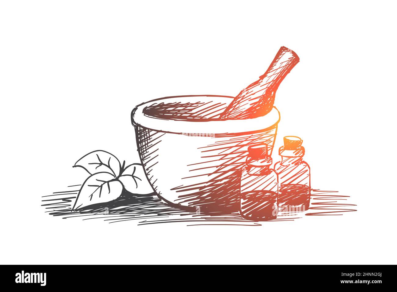 Vector hand drawn natural medicine sketch with vials, jar, pounder and ...