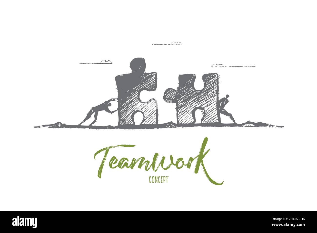 Vector hand drawn team concept sketch. Two men moving puzzle pieces ...