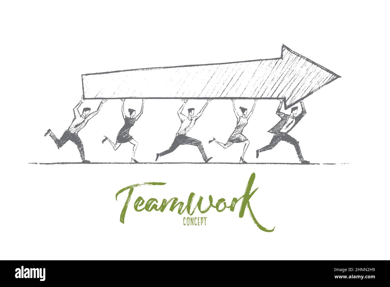 Vector hand drawn teamwork concept sketch. Team of five people running ...