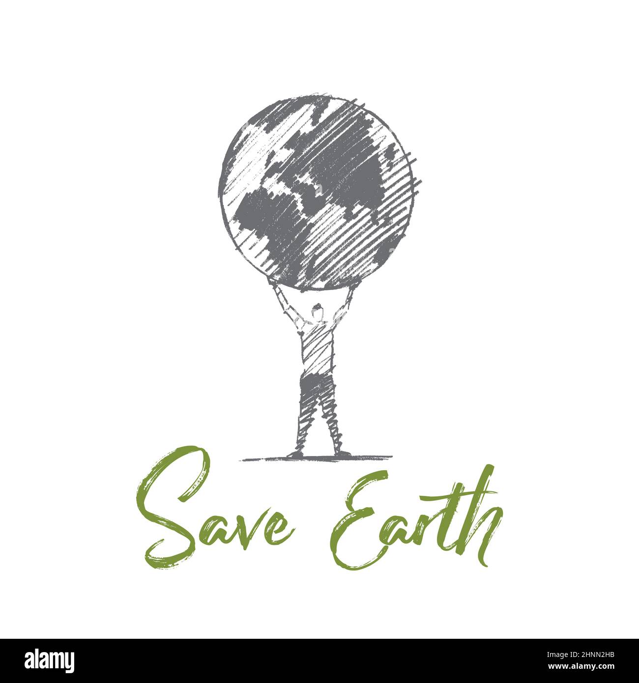 Vector hand drawn Save Earth concept sketch. Man standing and holding ...