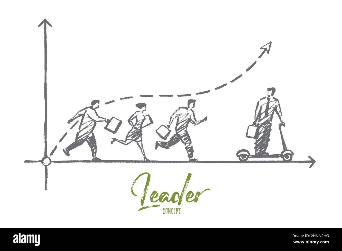 Vector hand drawn Leader concept sketch. Business man riding skateboard ...