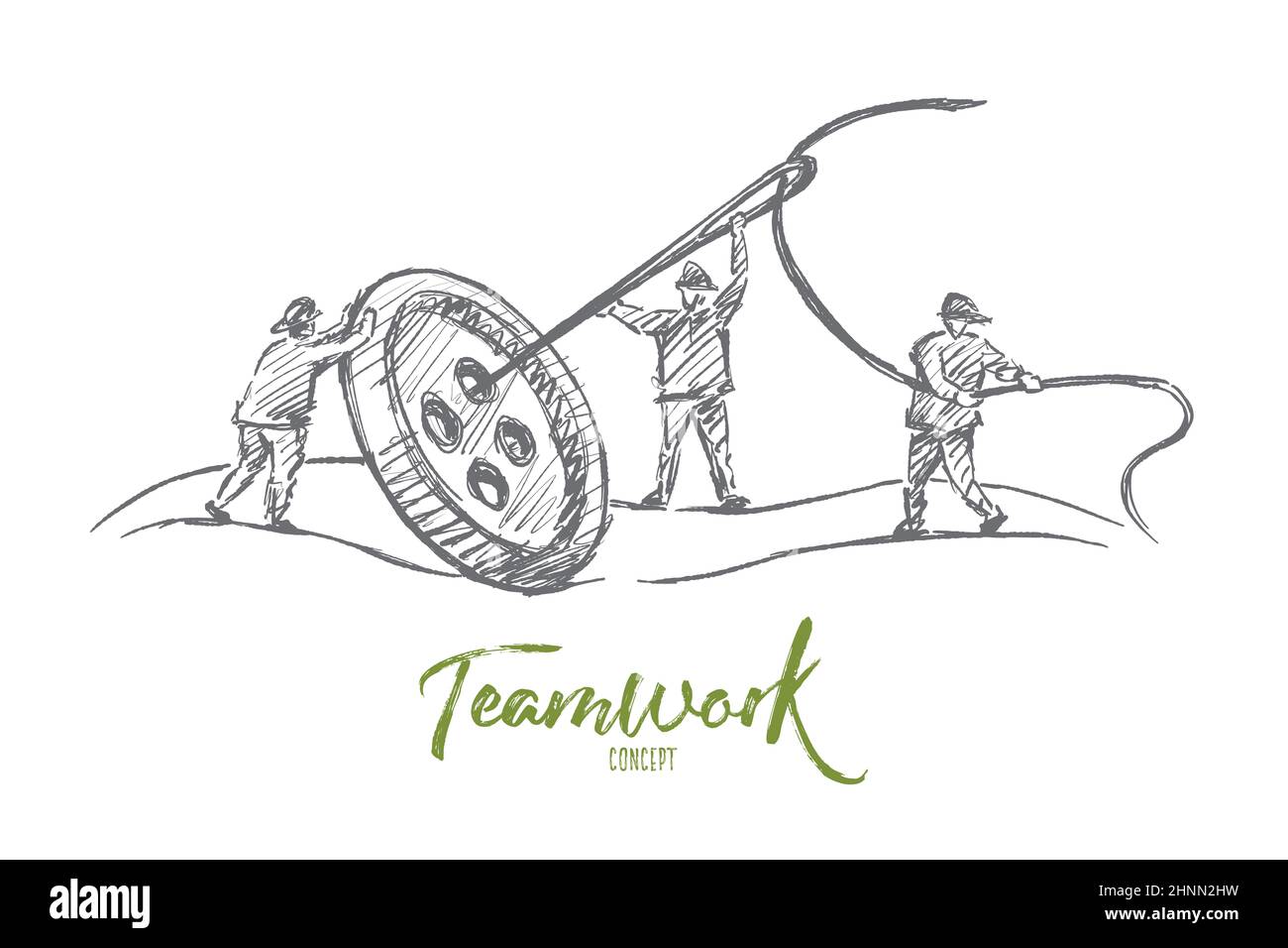 Vector hand drawn teamwork concept sketch. People trying to sew big ...