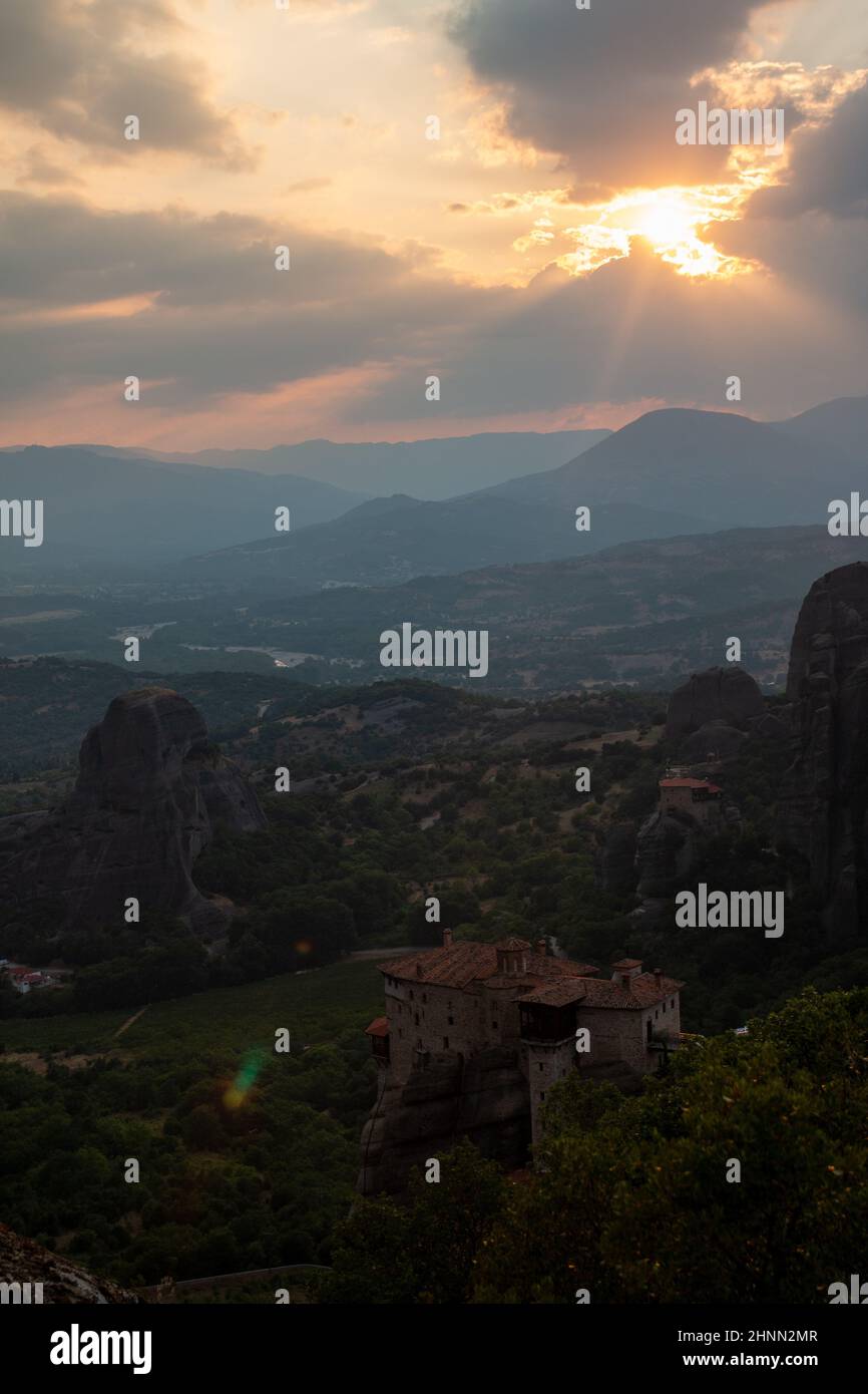 Monasteries built on cliffs, Meteora at sunset, Greece Stock Photo - Alamy