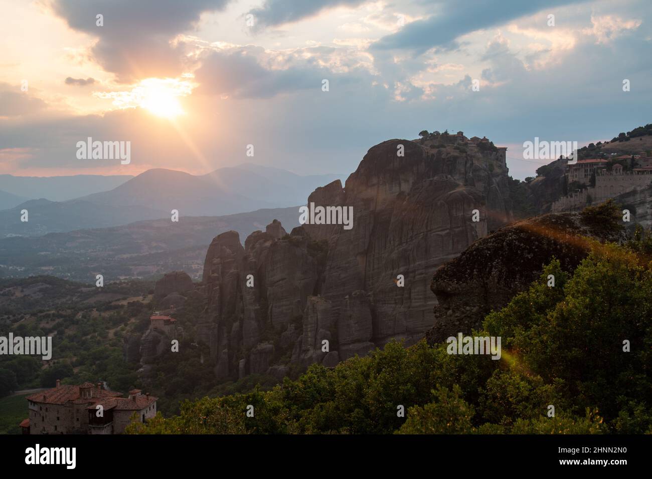 Monasteries built on cliffs, Meteora at sunset, Greece Stock Photo - Alamy
