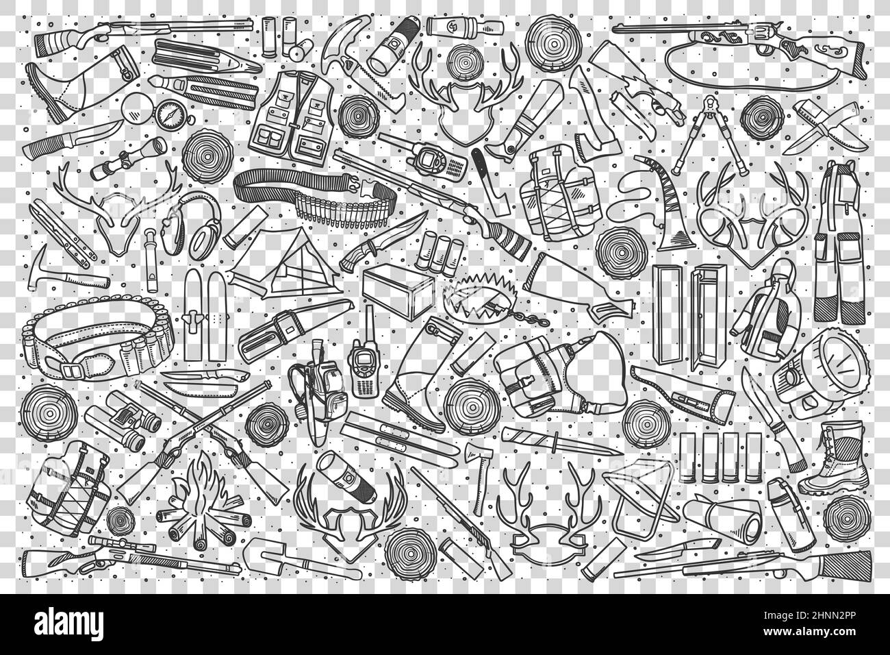 Hunting shop doodle set. Collection of hand drawn sketche templates ...