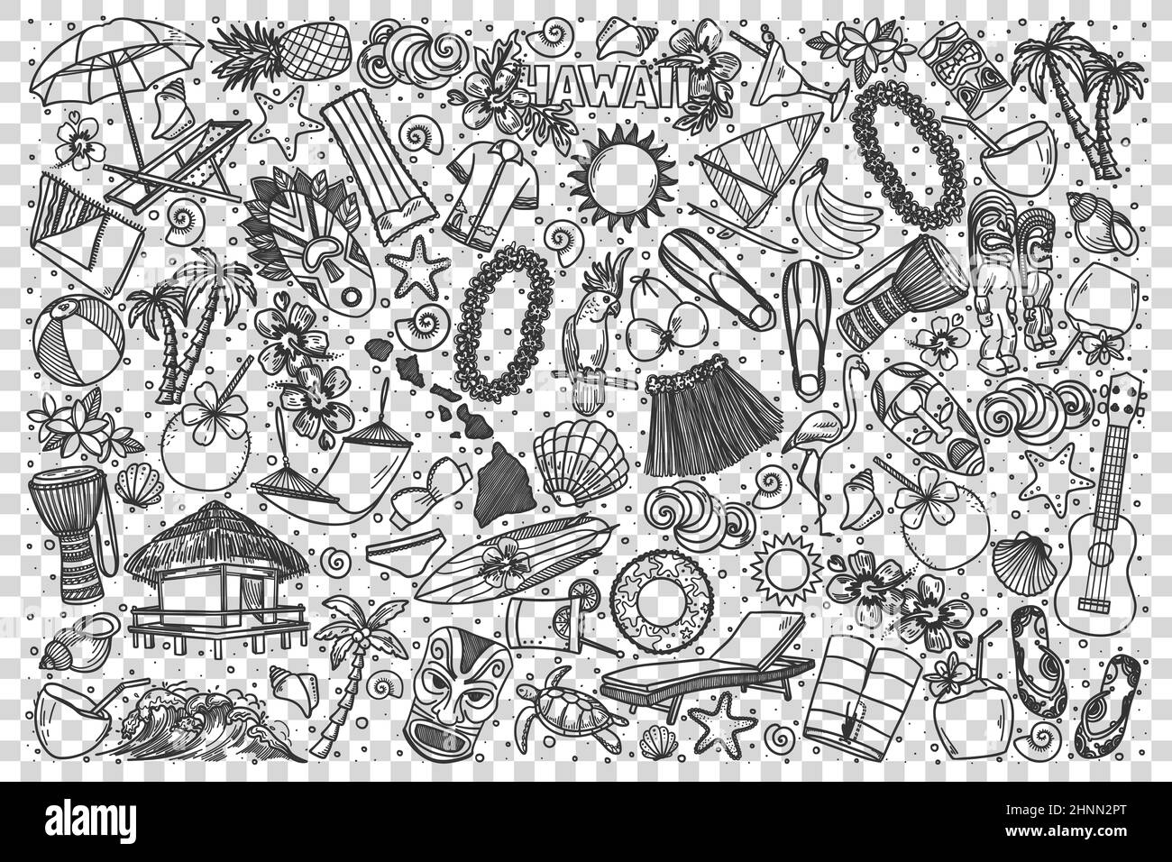 Hawaii doodle set. Collection of hand drawn sketches templates patterns ...