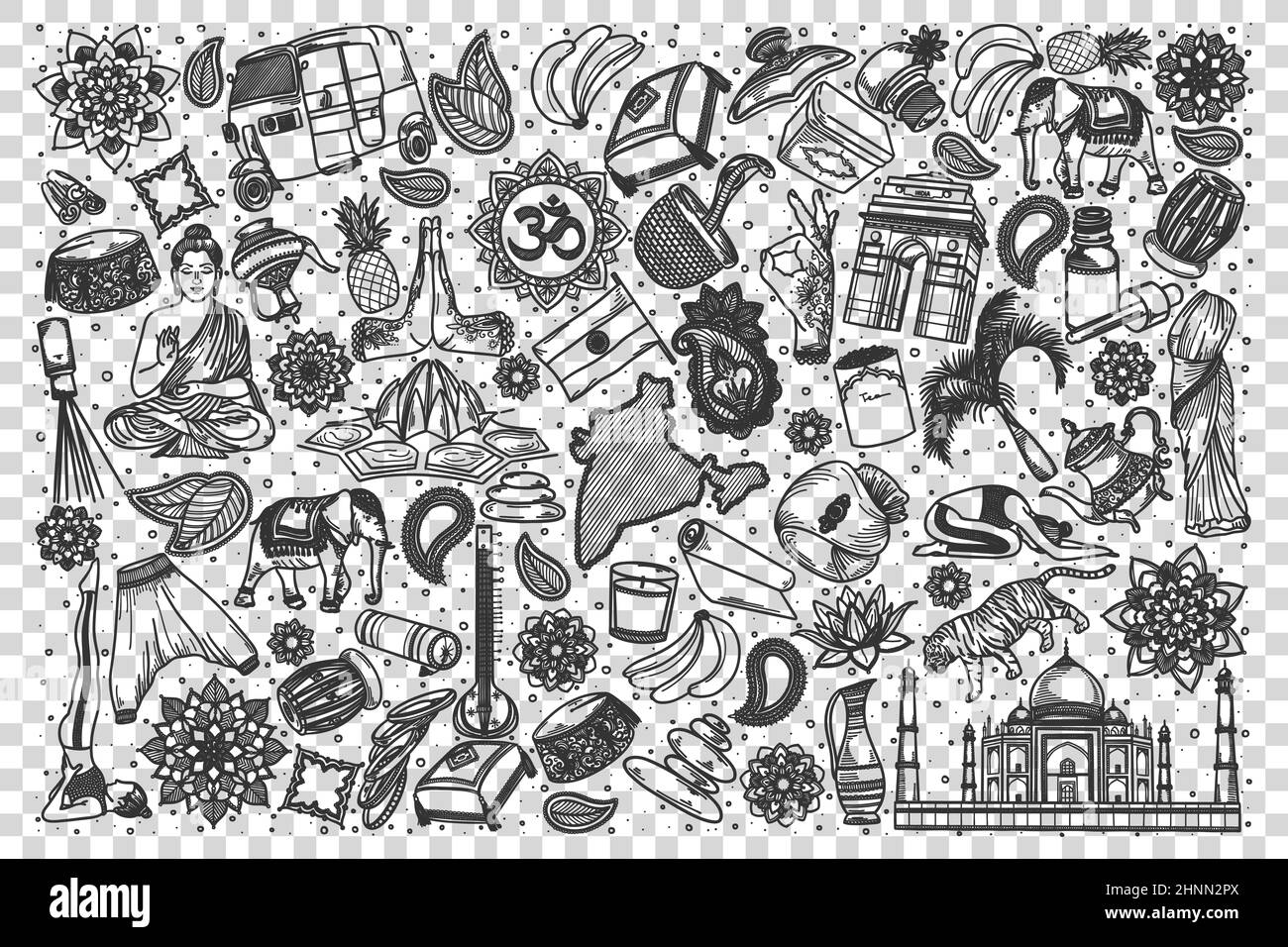 India doodle set. Collection of chalk pencil hand drawn sketches ...