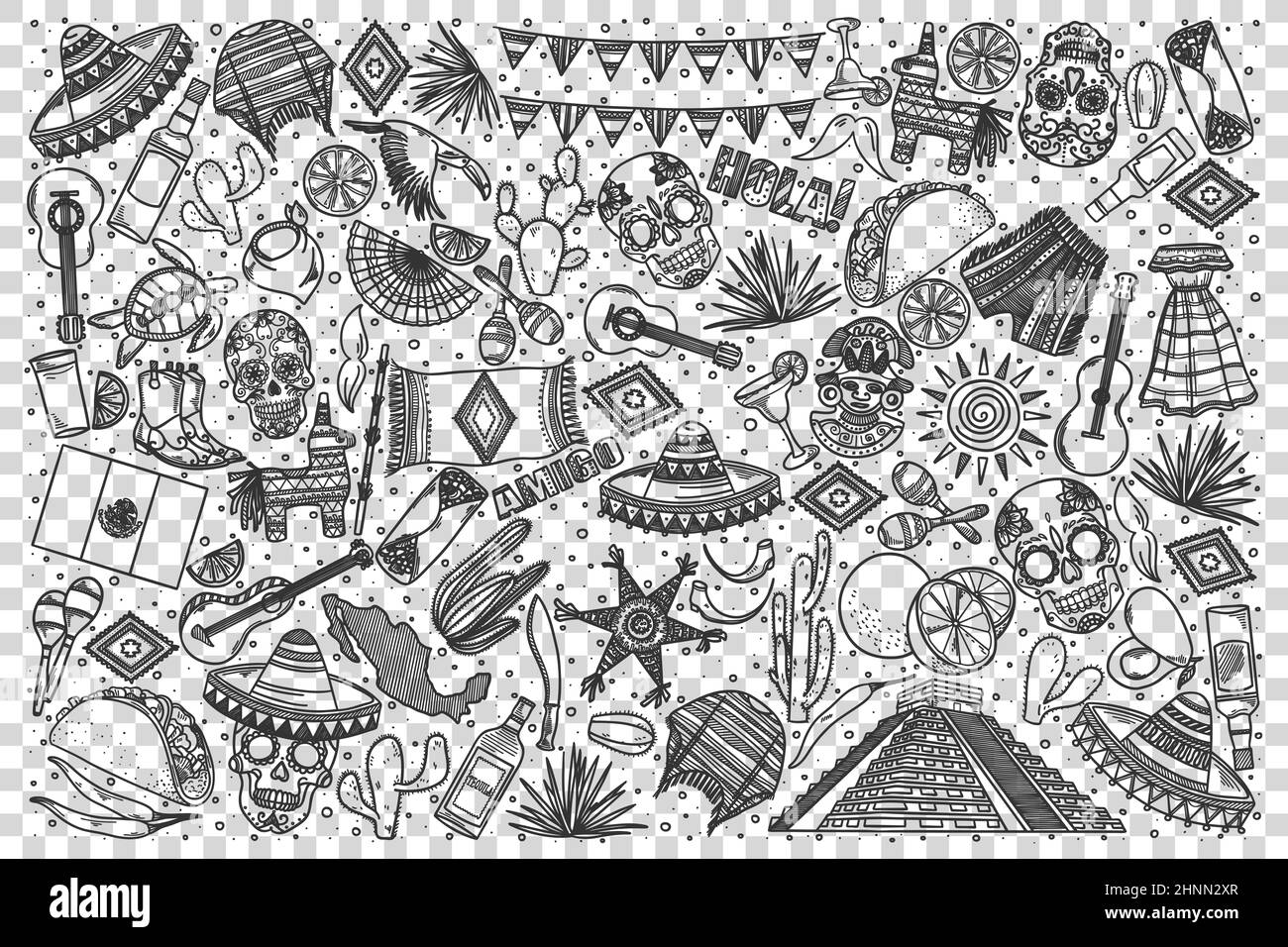 Mexico doodle set. Collection of hand drawn sketches templates of ...
