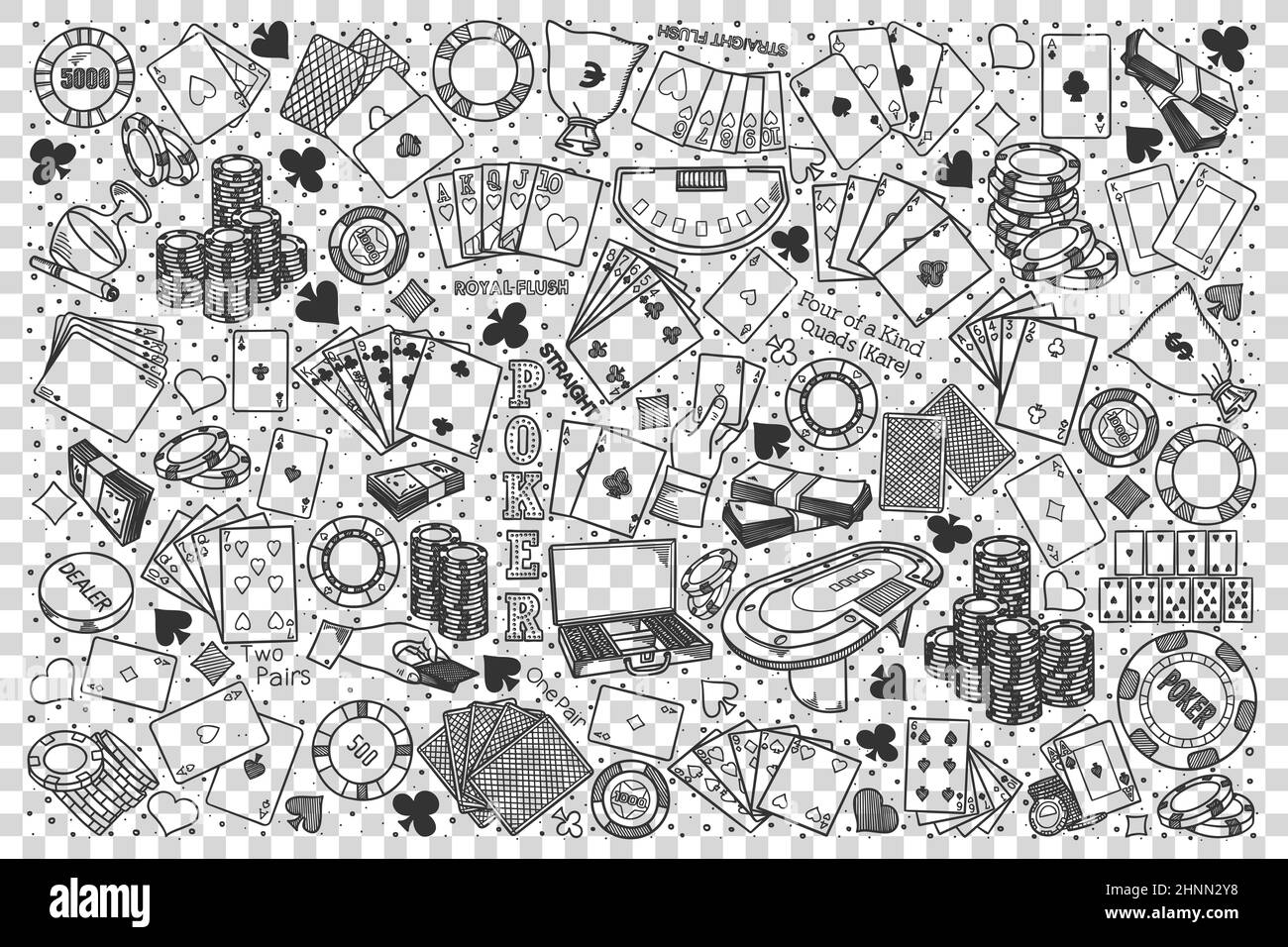 Poker doodle set. Collection of hand drawn sketches templates of casino ...