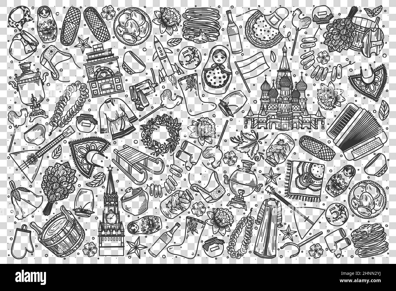Russia doodle set. Collection of hand drawn sketches templates of ...
