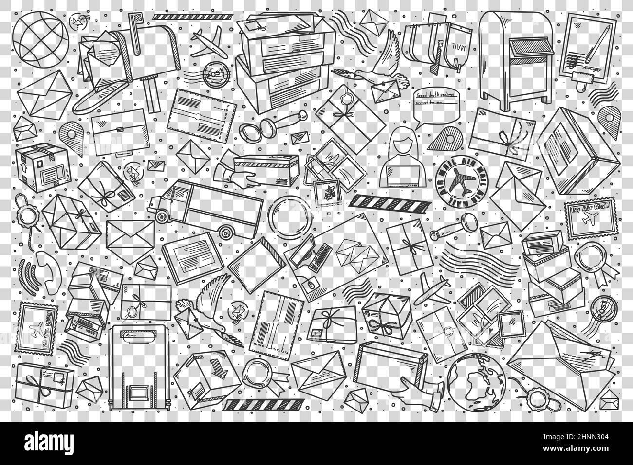 Post office doodle set. Collection of hand drawn sketches templates ...