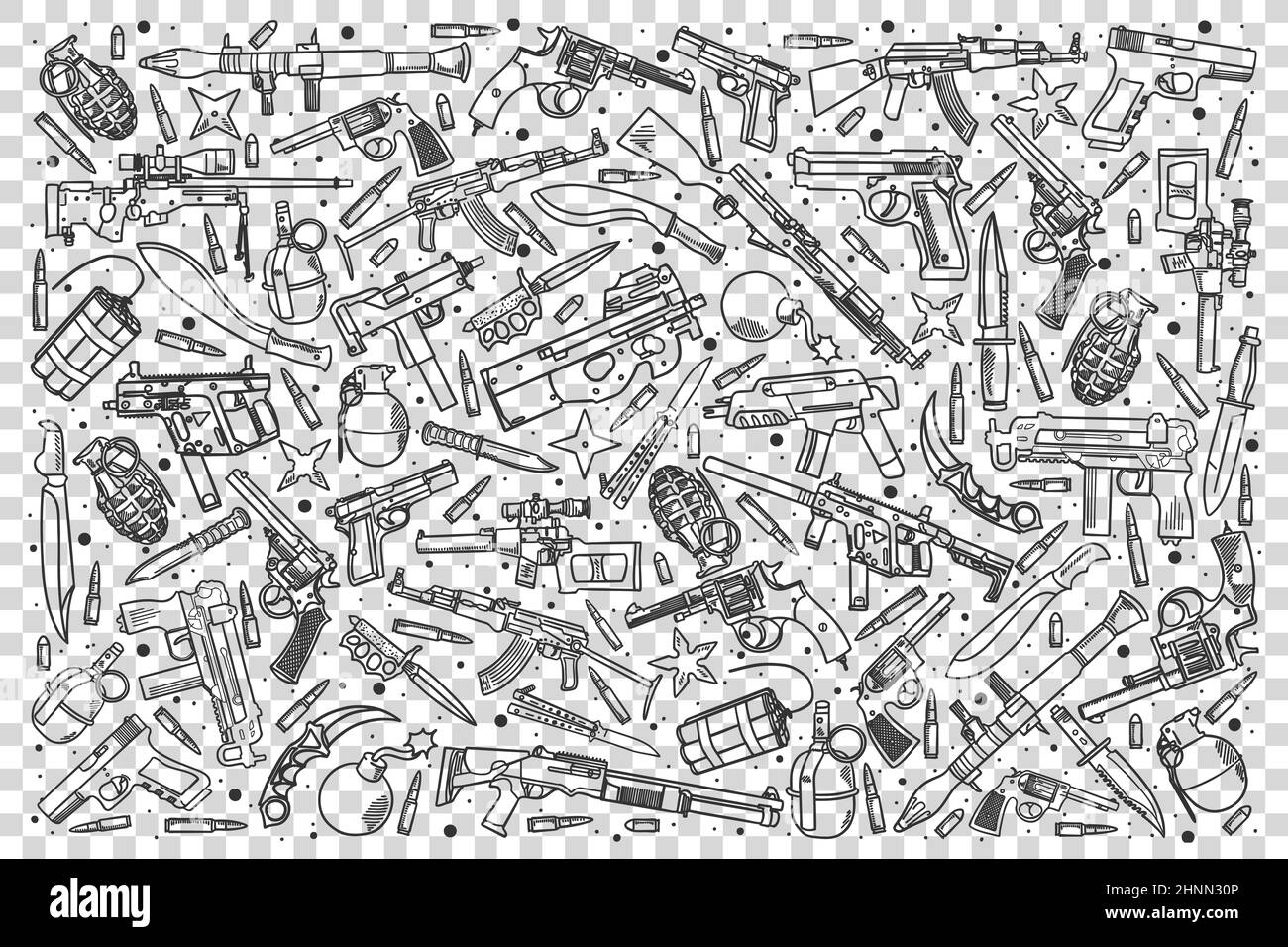 Weapons doodle set. Collection of hand drawn sketches templates ... Weapons doodle set. Collection of hand drawn sketches templates ...