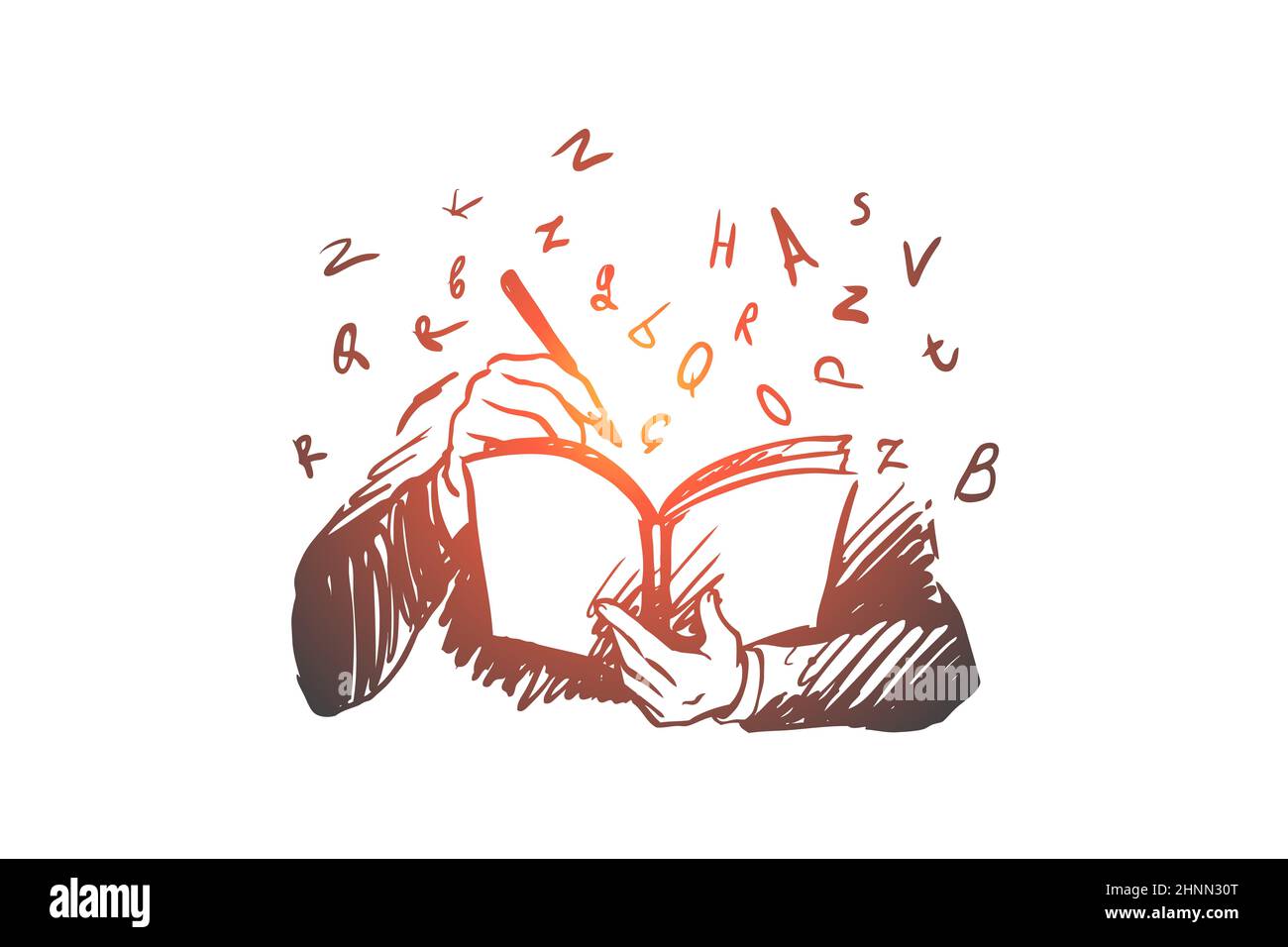Book, knowledge, student, read, letters concept. Hand drawn person ...