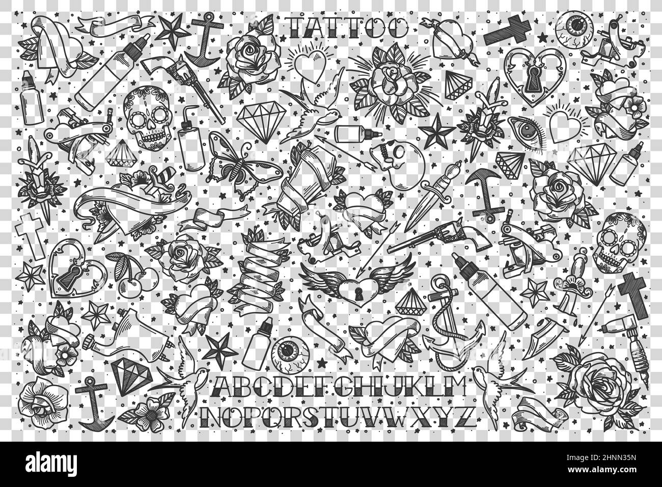 Tatoo doodle set. Collection of hand drawn sketches templates patterns ...