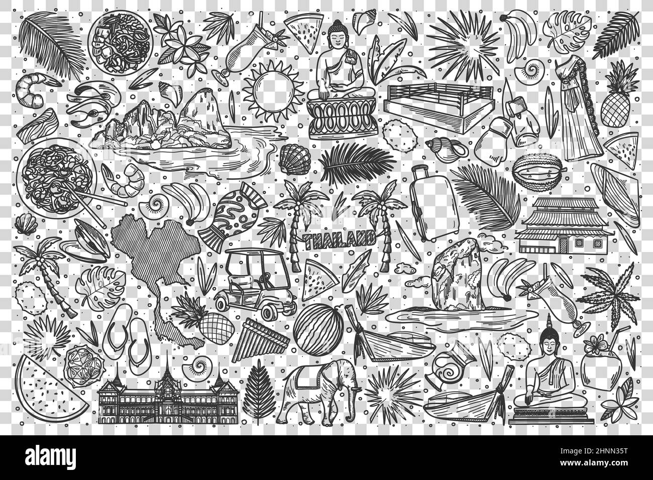 Thailand doodle set. Collection of hand drawn sketches templates of ...