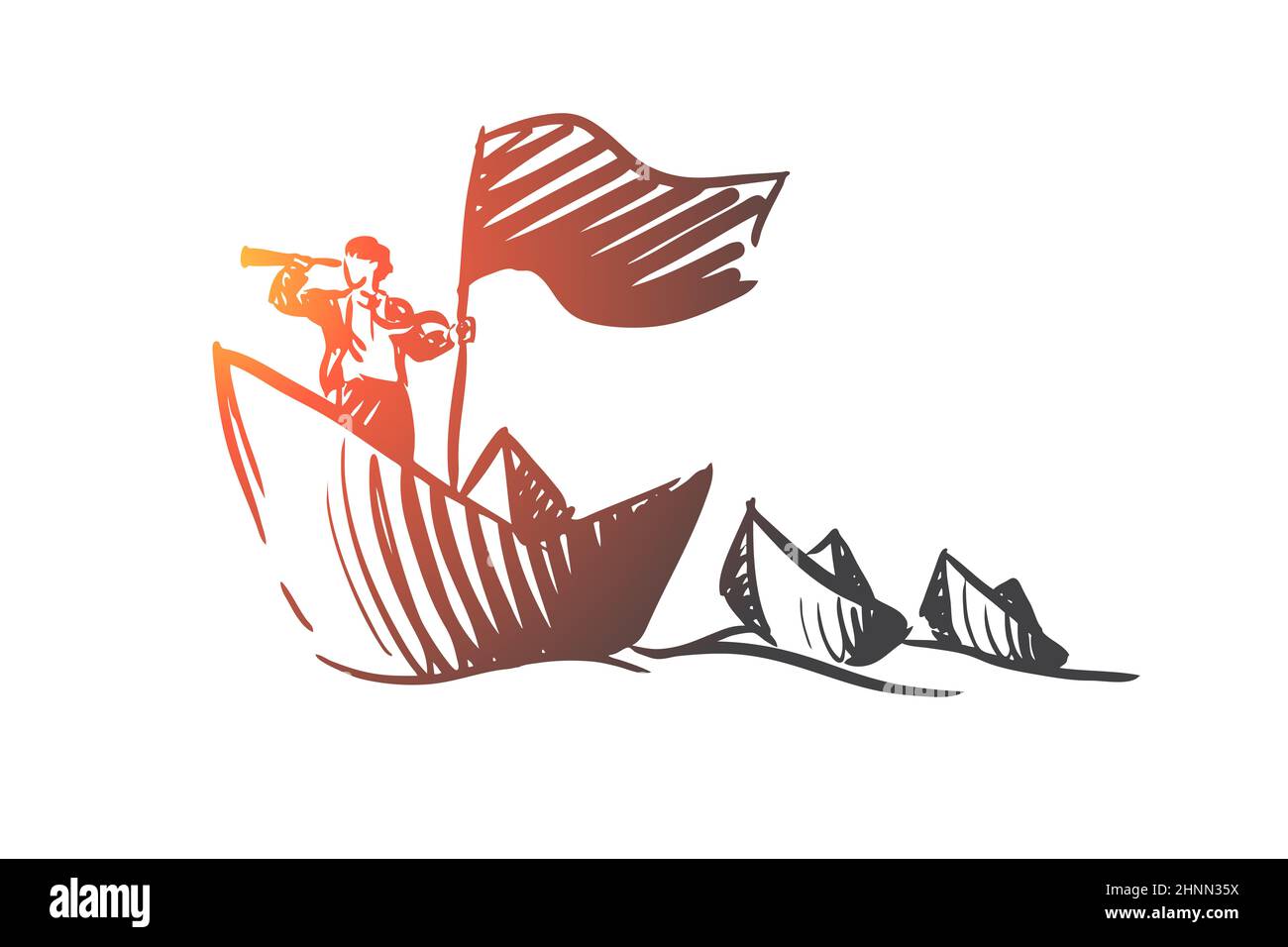 Strategy, course, boat, view, businessman concept. Hand drawn ...