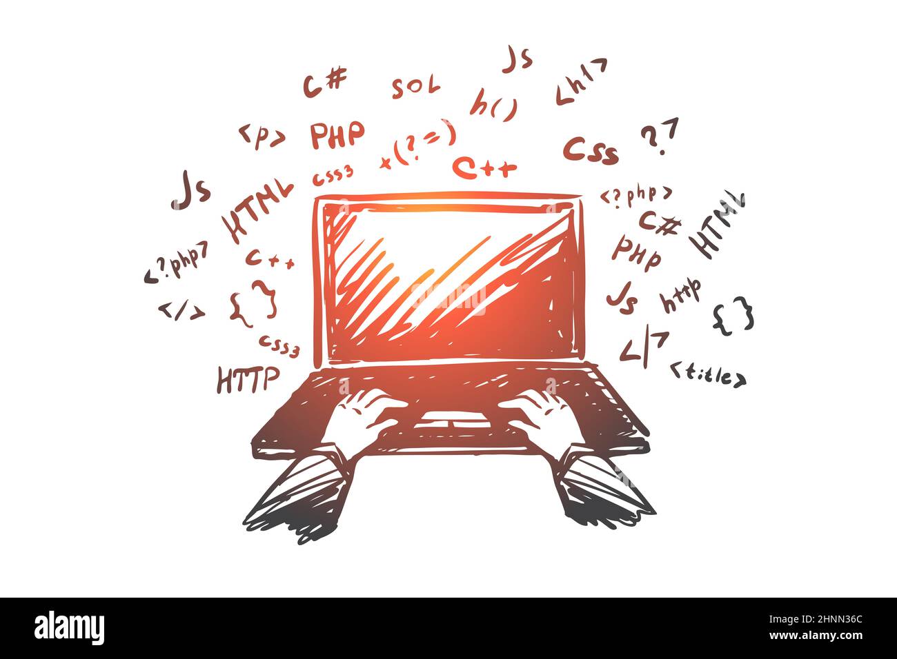 Coding, programmer, laptop, internet, work concept. Hand drawn hand of programmer on laptop with ...
