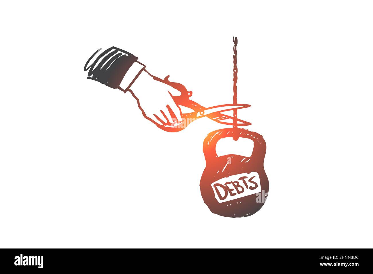 Debts, credit, money, bank, tax concept. Hand drawn human's hand cut ...