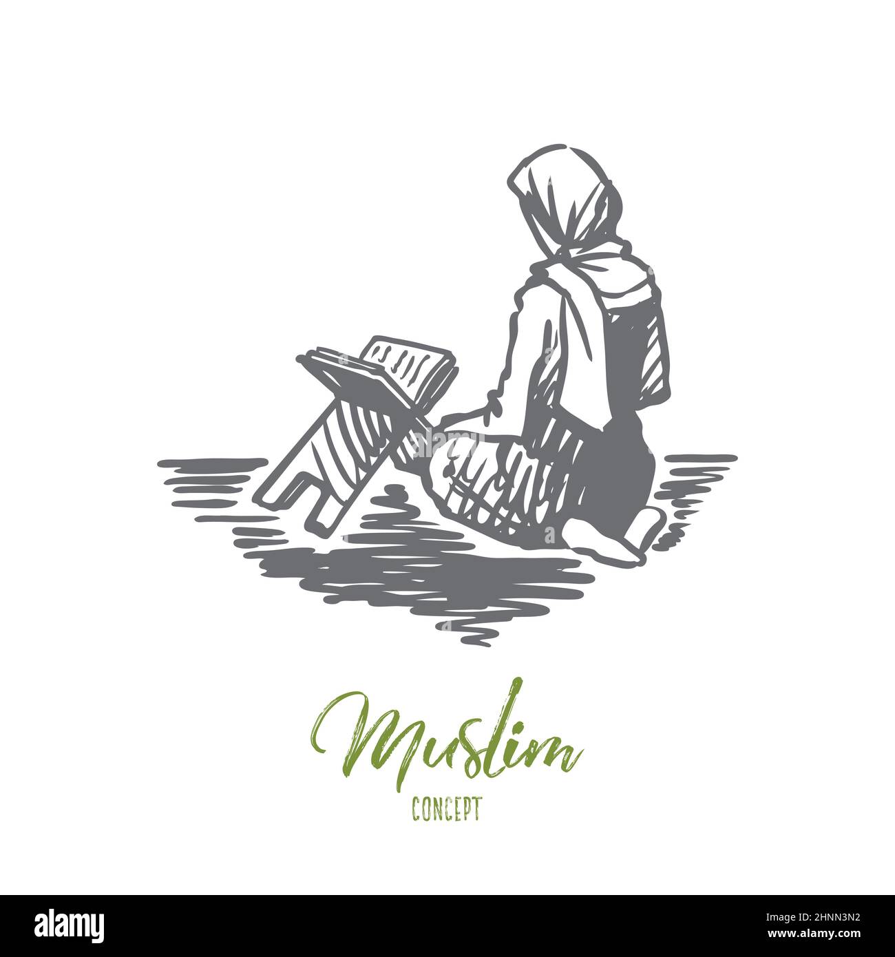 Muslim, islam, religion, arab, girl, koran, prayer concept. Hand drawn ...