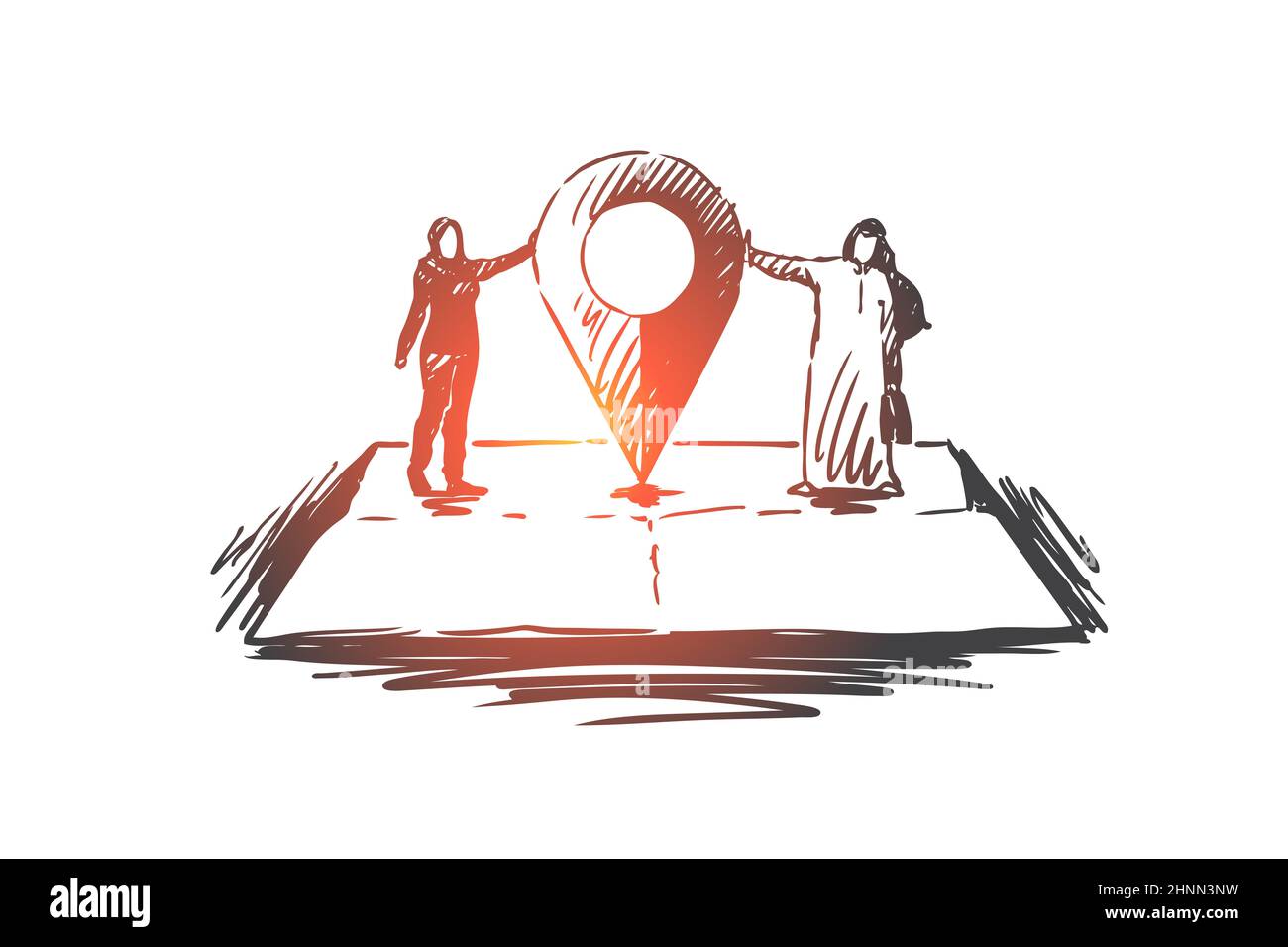 Geolocation, GPS, map, muslim, businessman concept. Hand drawn arab ...