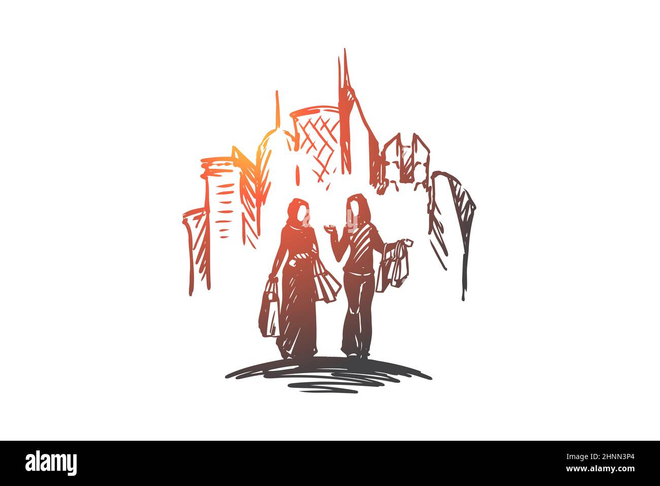 Shopping City Muslim Arab Hijab Concept Hand Drawn Muslim Women On