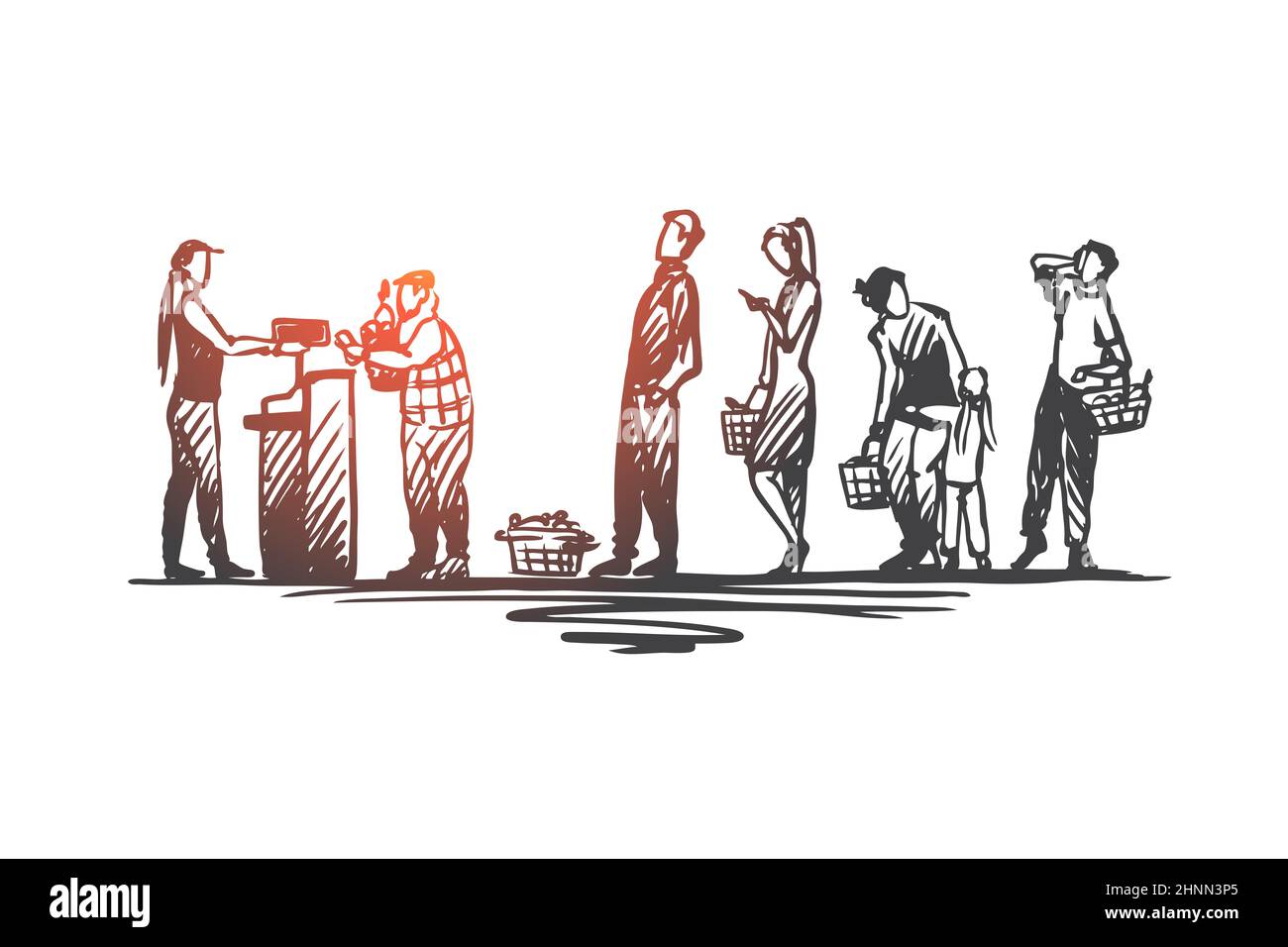 Shopping, purchases, queue, waiting, cash desk concept. Hand drawn ...