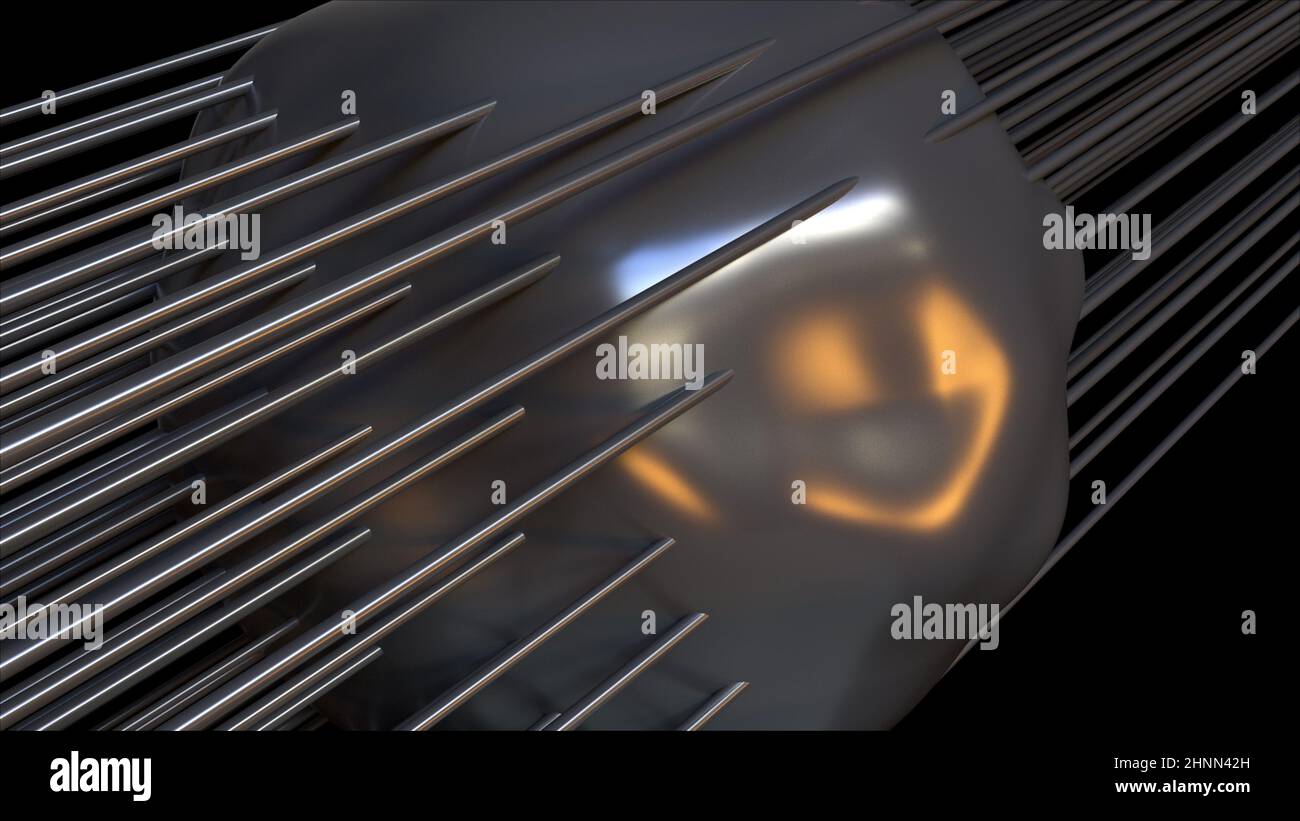 Deformed futuristic 3d render of planets pierced by sharp long spikes ...