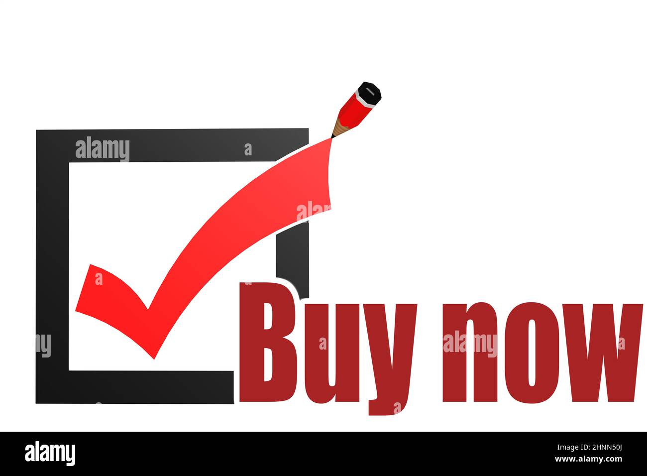 Buy now word with check mark and pencil, 3D rendering Stock Photo - Alamy