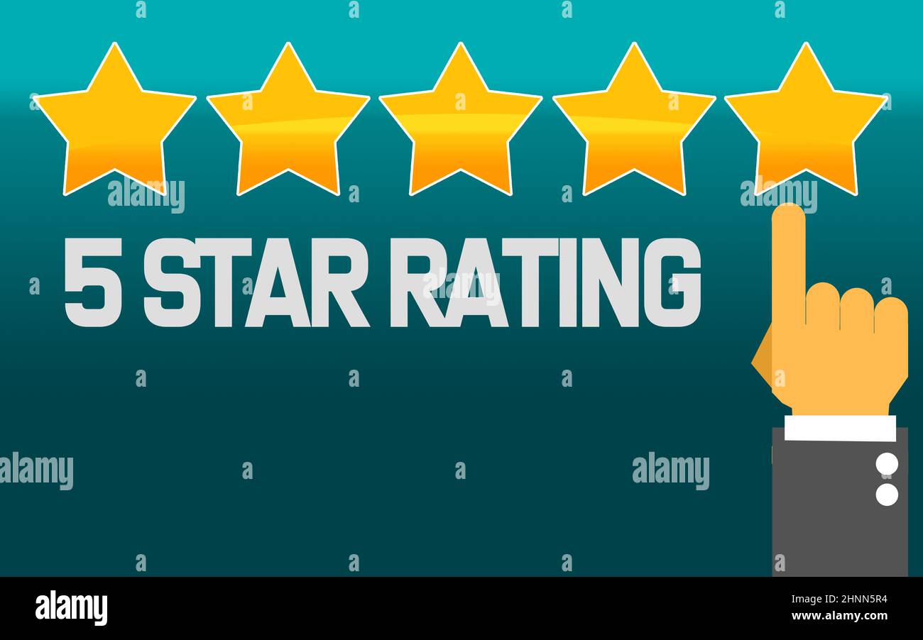 Pointing hand and five stars with 5 star rating, 3D rendering Stock ...