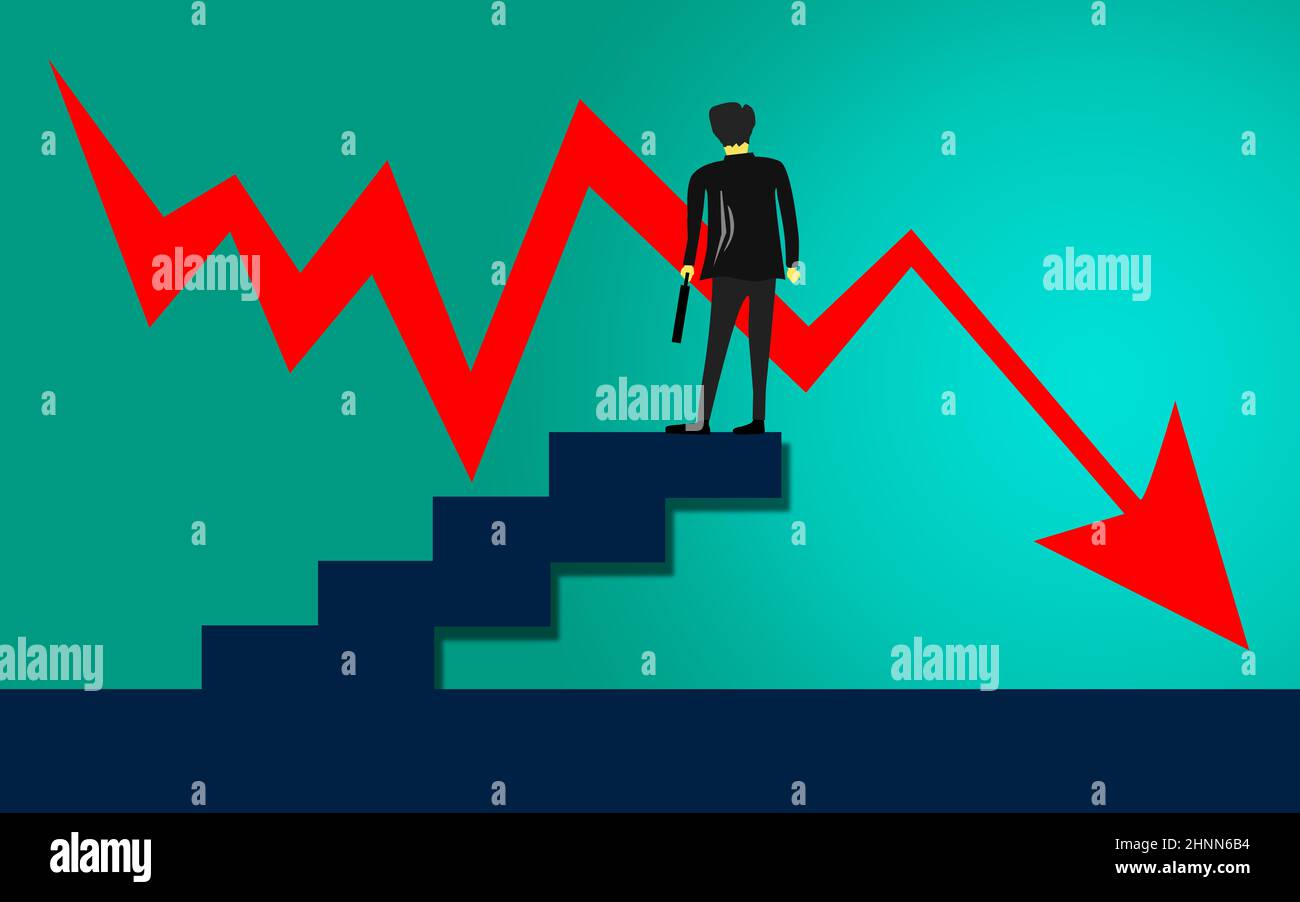 Businessman standing in front of a downward line graph, 3D rendering ...