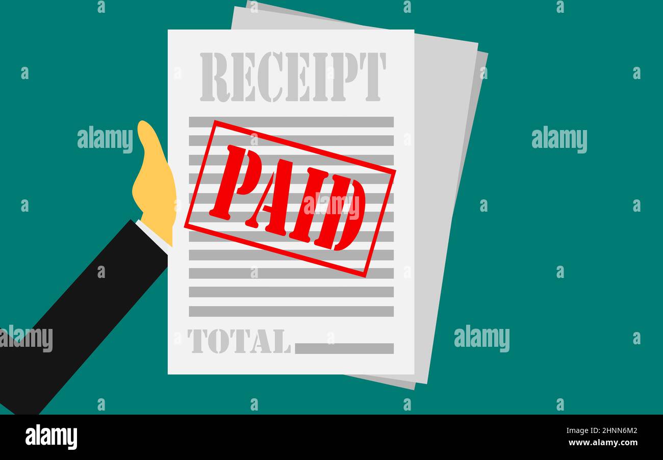 Hand holds receipt with paid stamp, 3D rendering Stock Photo - Alamy