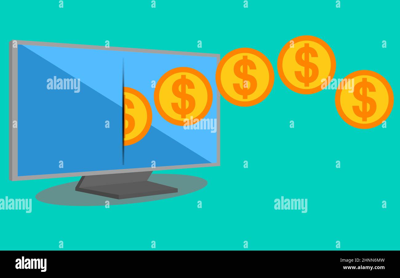 Gold coin break out from computer, 3D rendering Stock Photo - Alamy