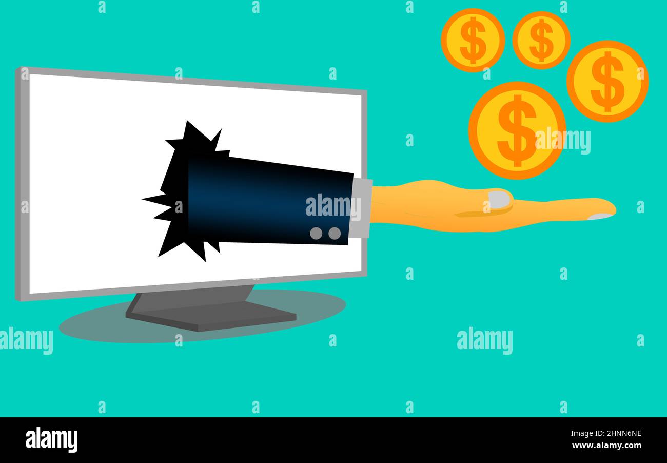 Business hand with gold coin break out from computer, 3D rendering ...