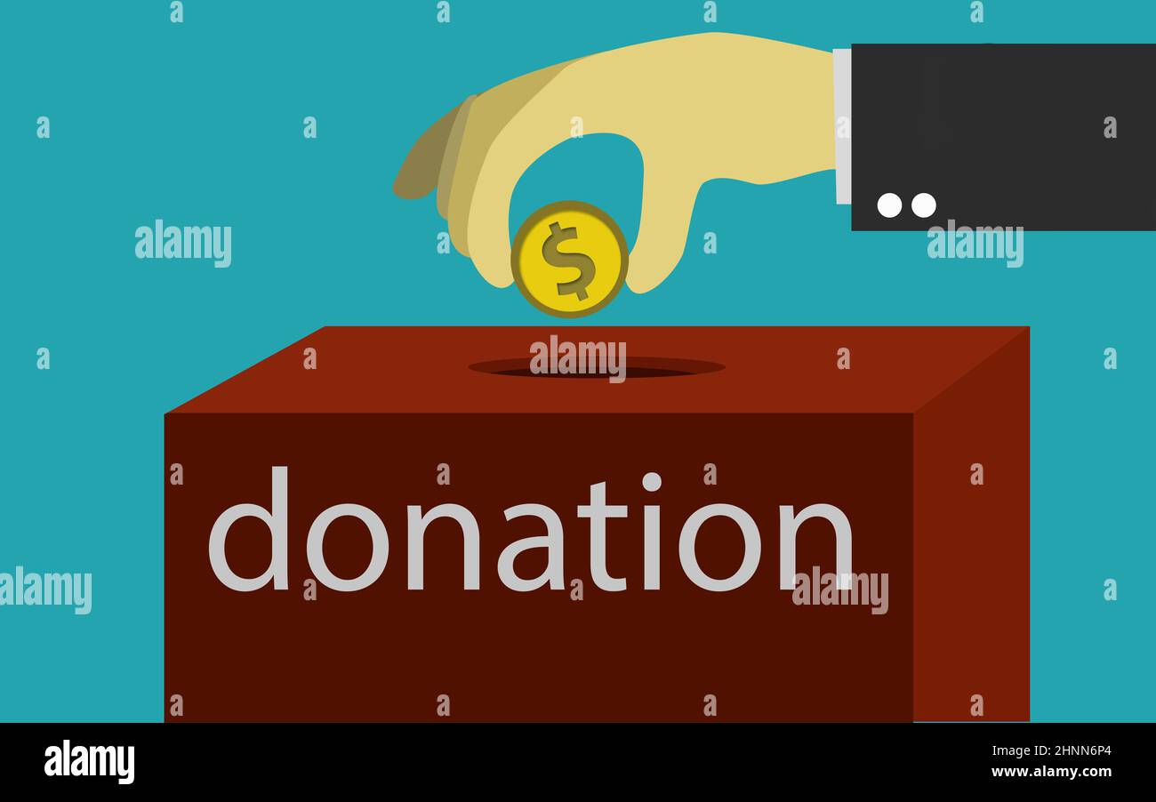 Hand putting coin in the box for charity organization, 3D rendering ...