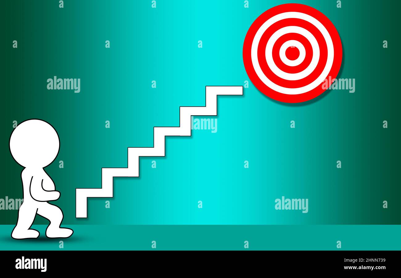 Puppet aiming high to goal target with ladder, 3D rendering Stock Photo ...