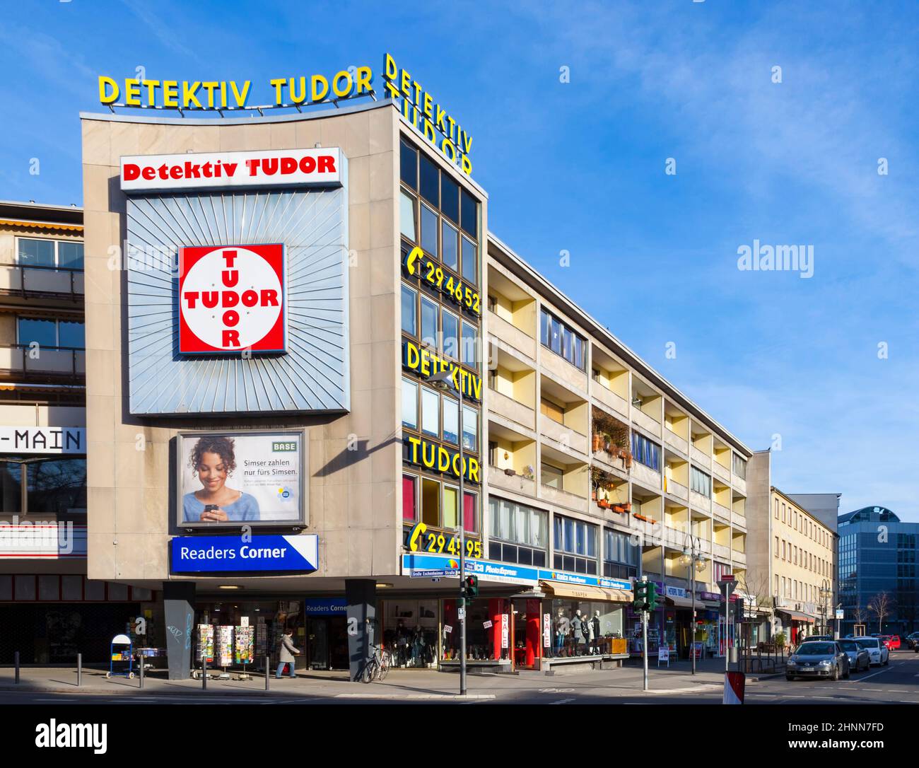 urban view in Frankfurt, Germany. In the house with the Tudor sign the ...