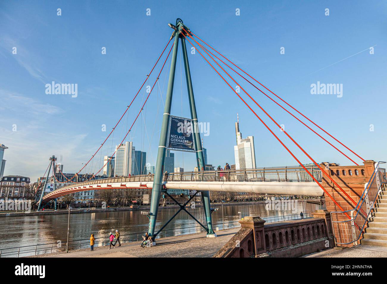The bridge pillar or A-shaped pylon of the Holbeinsteg Bridge in ...