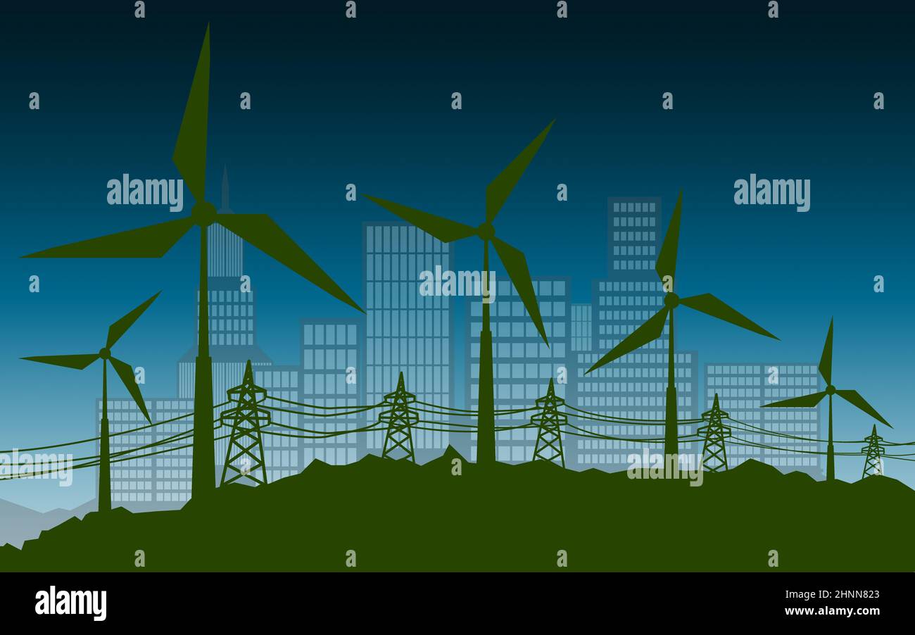 Wind plants and transmission lines, 3D rendering Stock Photo - Alamy