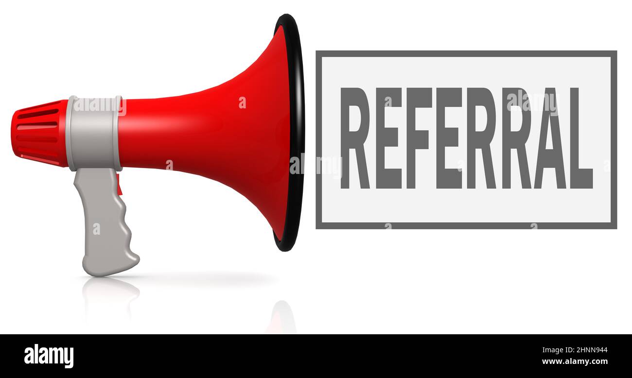 Referral word with red megaphone isolated on white, 3D rendering Stock ...