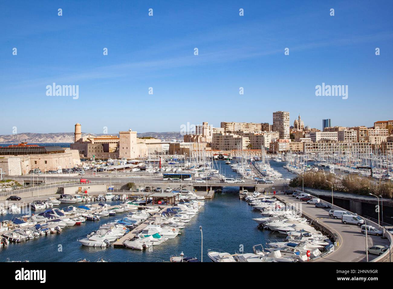 harbor with sailing boats in Marseilles with view to the promenade of ...