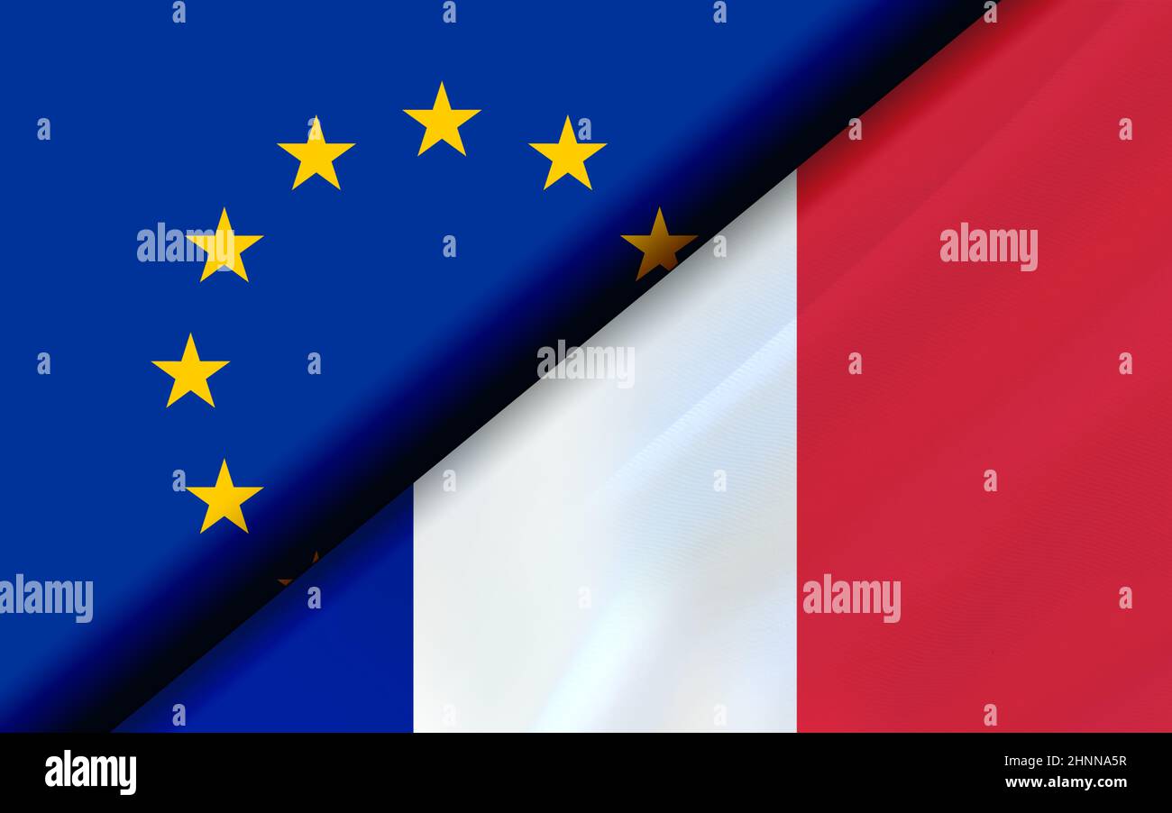 Flags of the EU and France divided diagonally. 3D rendering Stock Photo ...