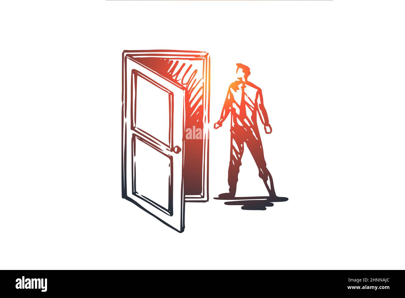 Access, door, open, enter, business concept. Hand drawn man near open ...