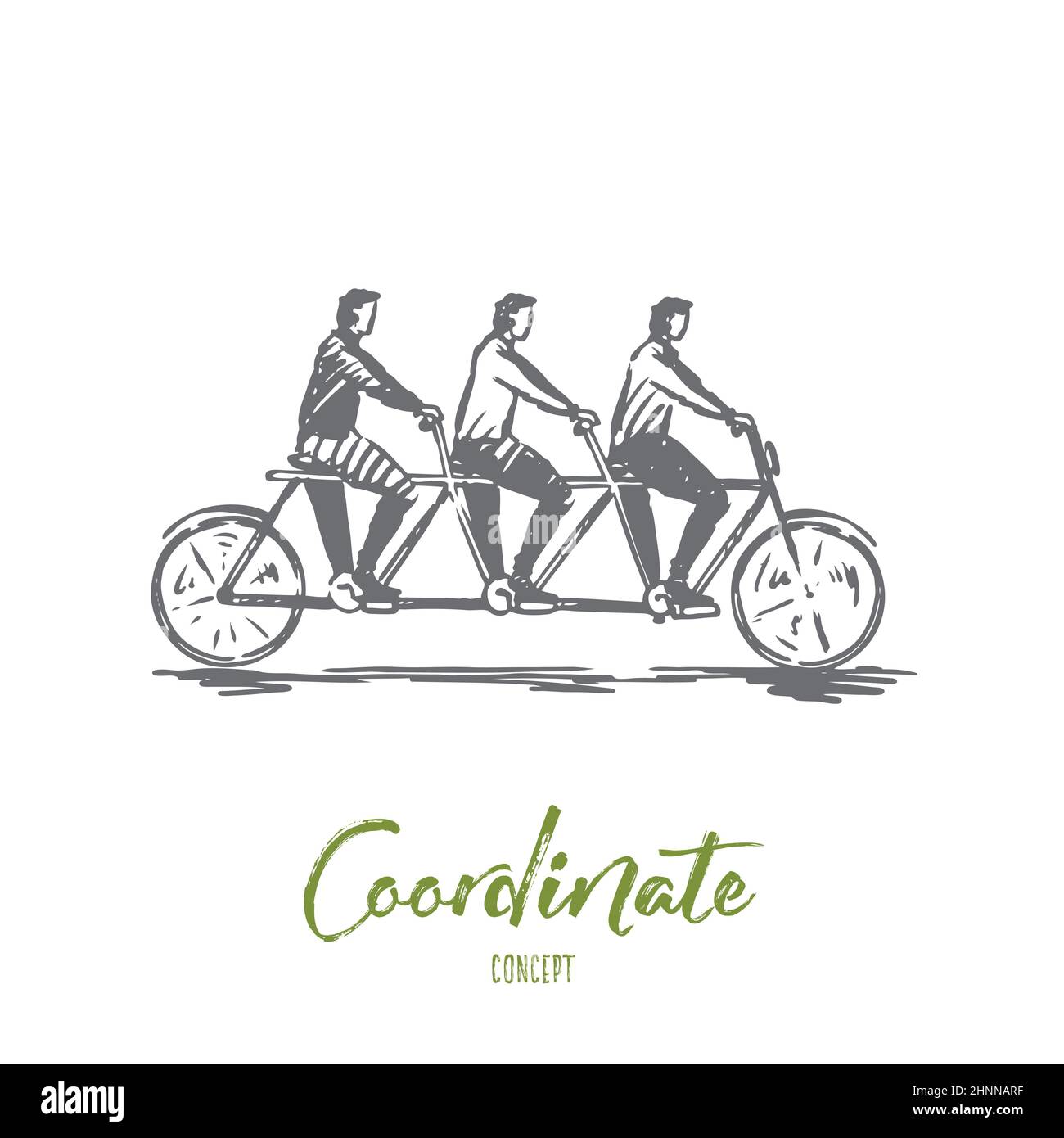 Coordinate, cooperation, teamwork, bike, tandem concept. Hand drawn ...