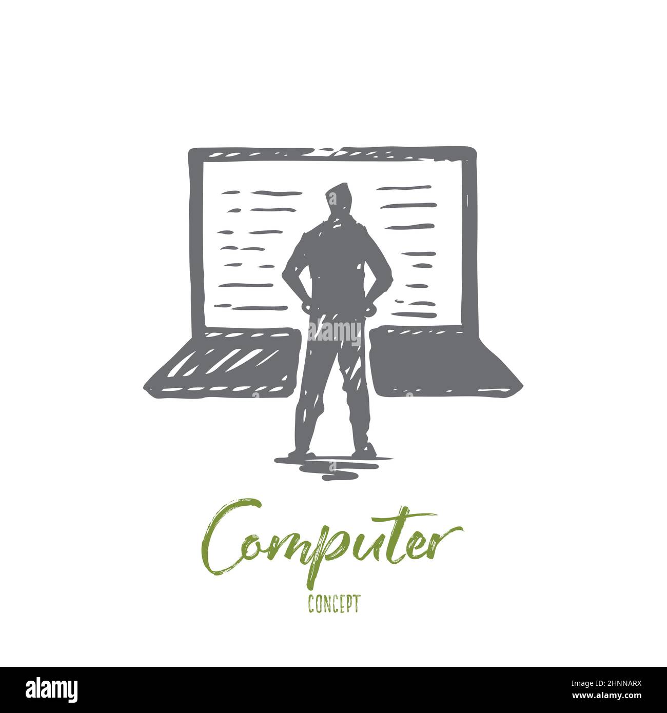 Computer, laptop, person, work, technology concept. Hand drawn person ...