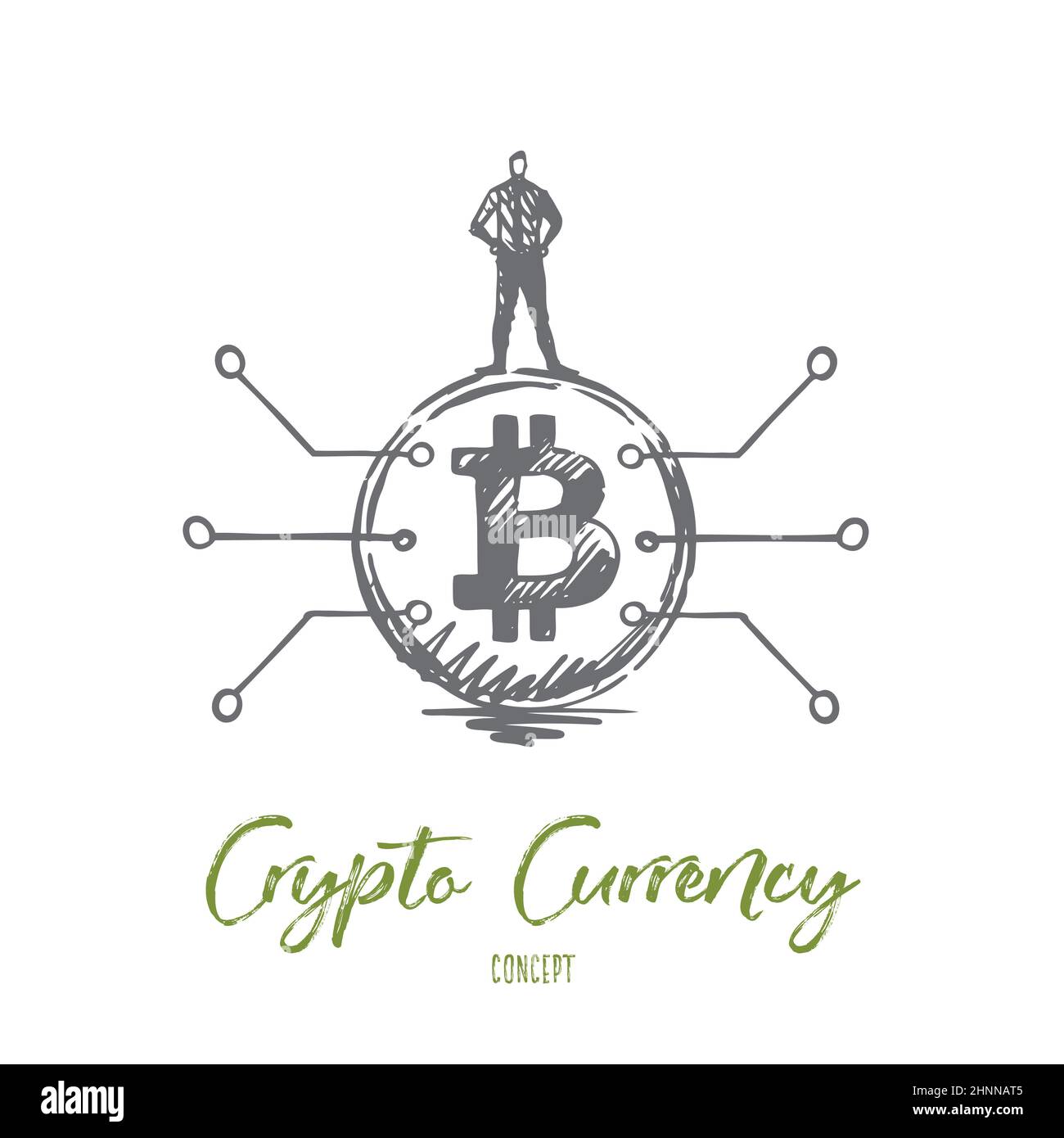 Cryptocurrency, digital, finance, coin concept. Hand drawn man stand on ...