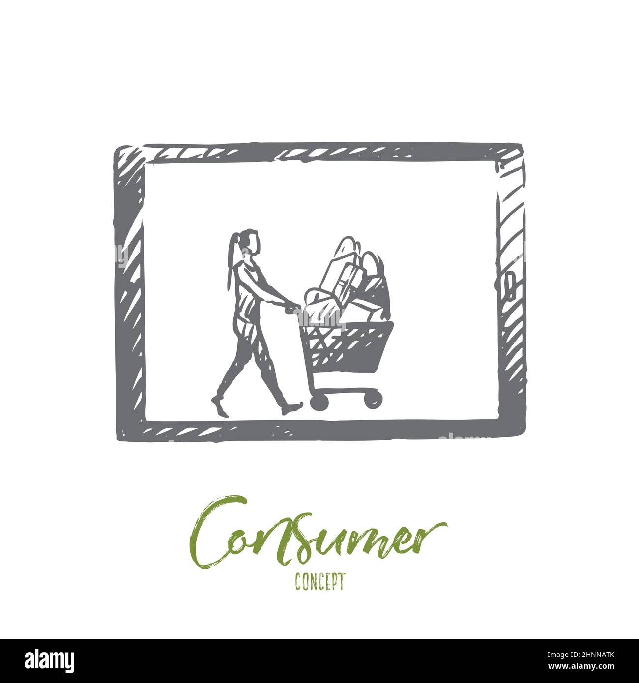 Consumer, customer, shop, buy, sale concept. Hand drawn female customer ...